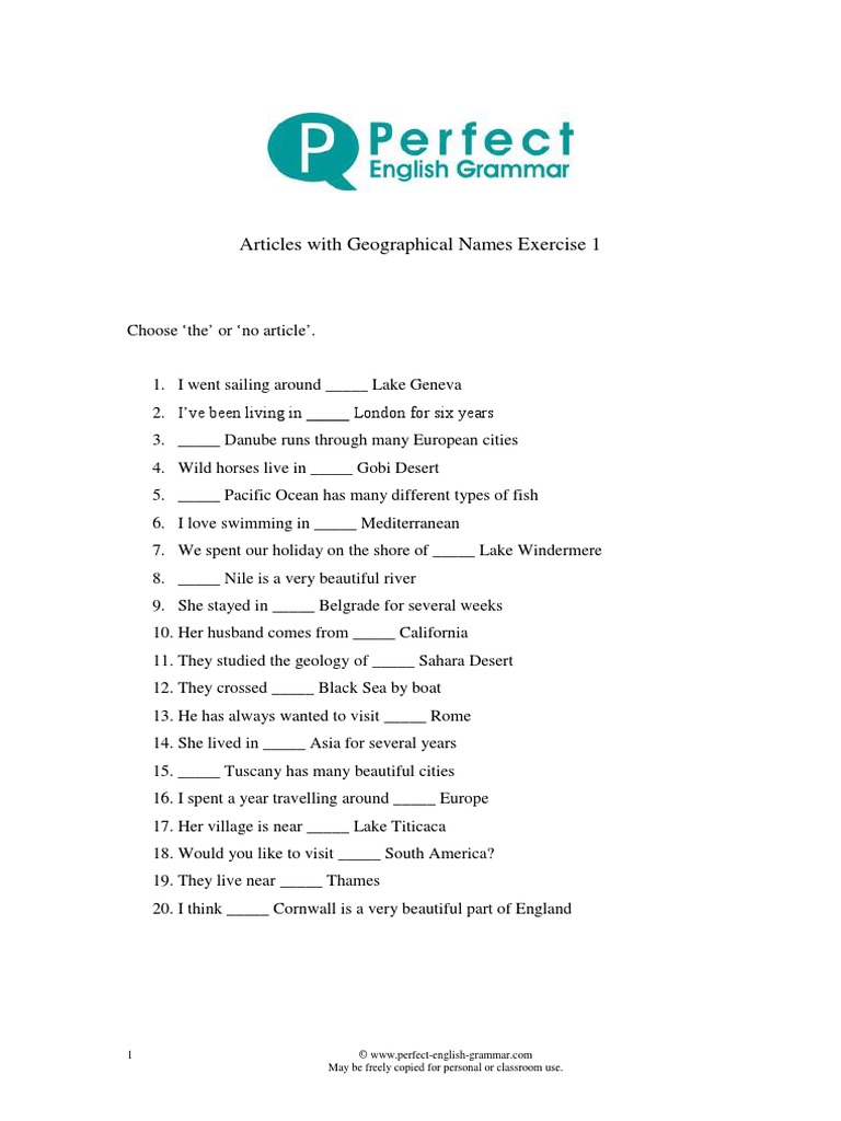 Articles With Geographical Names Exercise 1 PDF | PDF