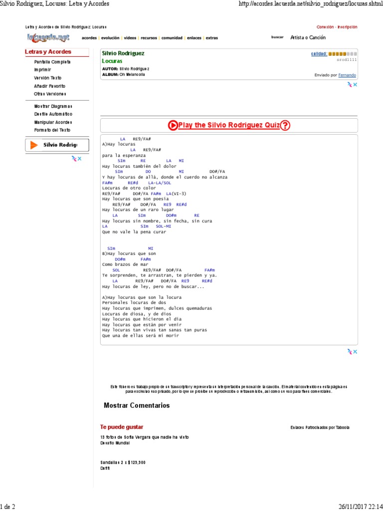 Silvio Rodriguez, Locuras - Letra y Acordes | PDF | Acorde (Música) | Ocio