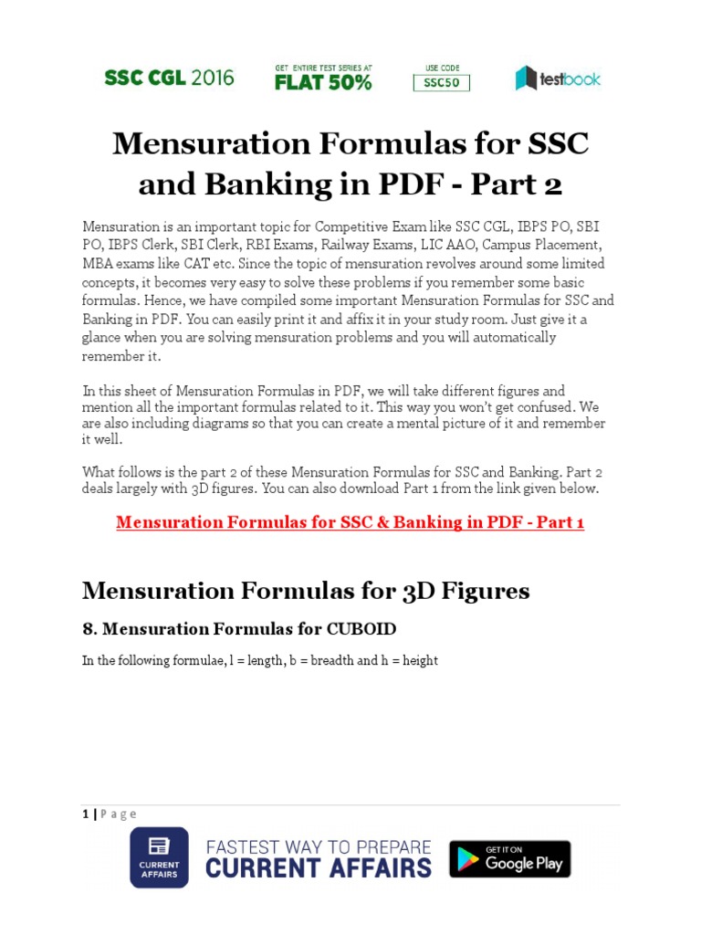 Mensuration Formulas For SSC and Banking in PDF Part 2 | PDF | Area ...