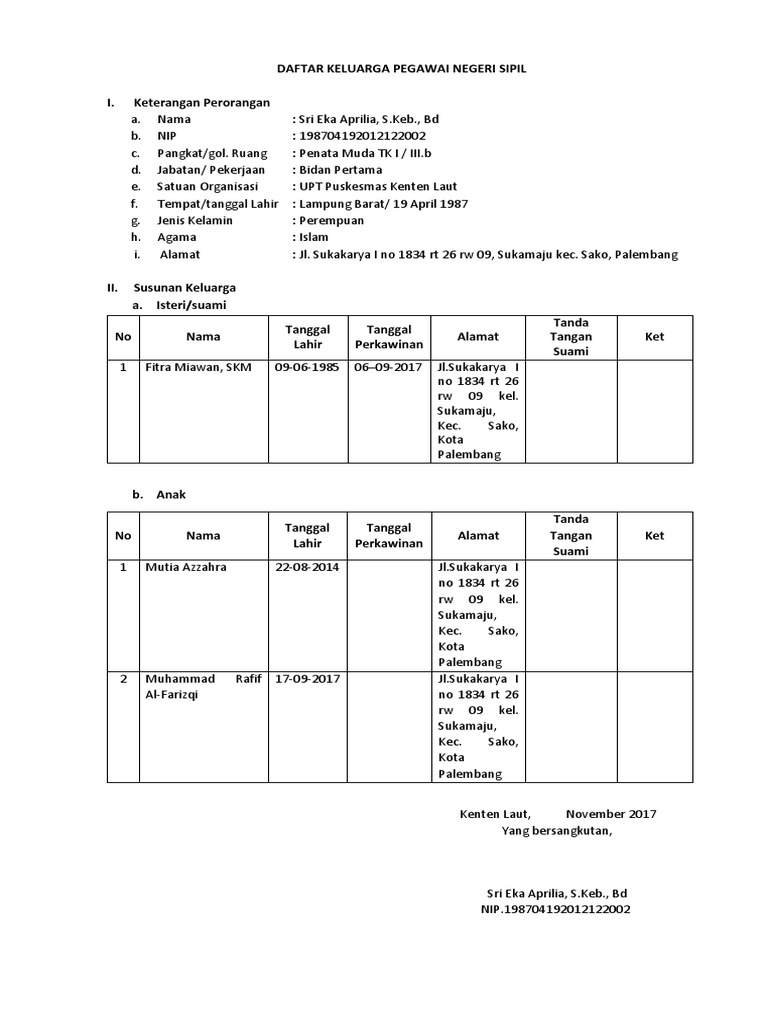 Data Keluarga PNS Sri Eka Aprilia | PDF