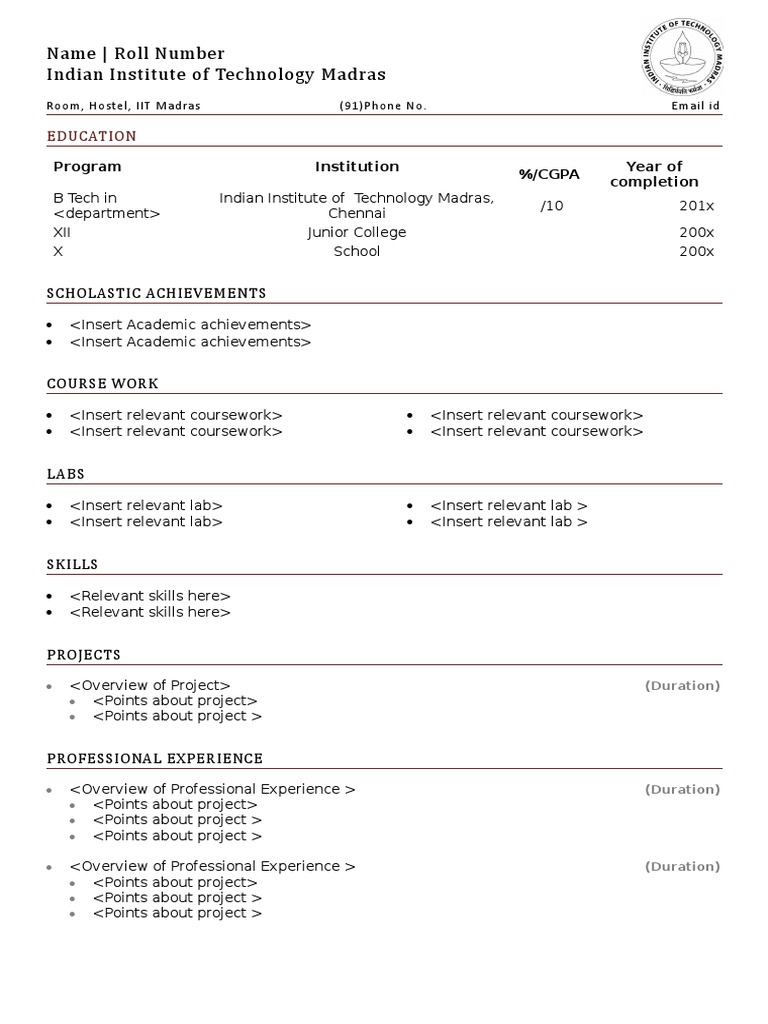 Name - Roll Number Indian Institute of Technology Madras: Education ...