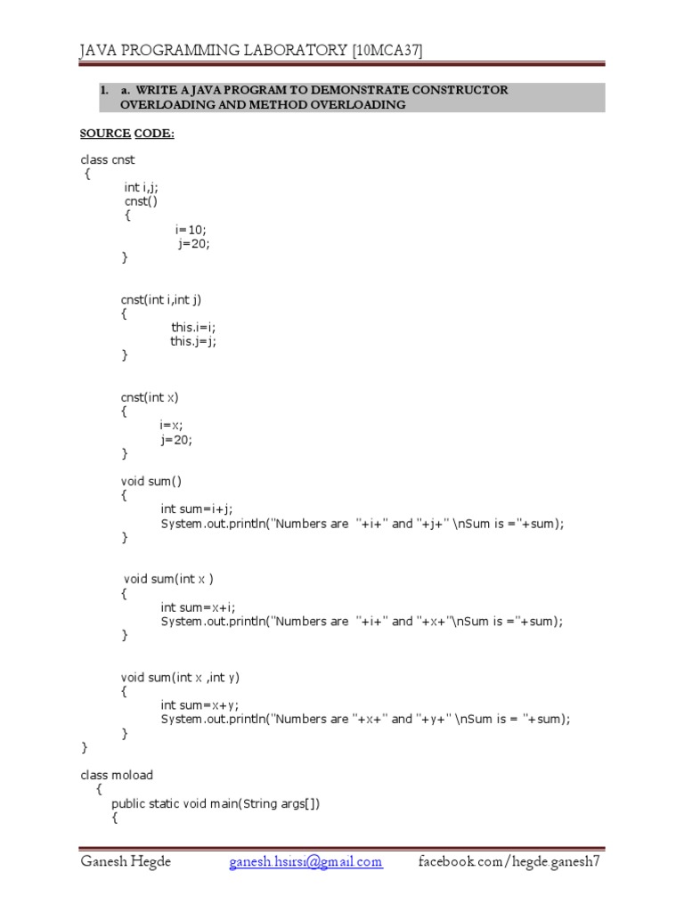Java Programming Laboratory 10mca37 Pdf Method Computer 1095