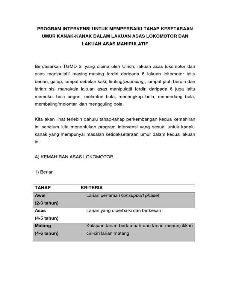 Program Intervensi Untuk Memperbaiki Tahap Kesetaraan Umur Kanak | PDF