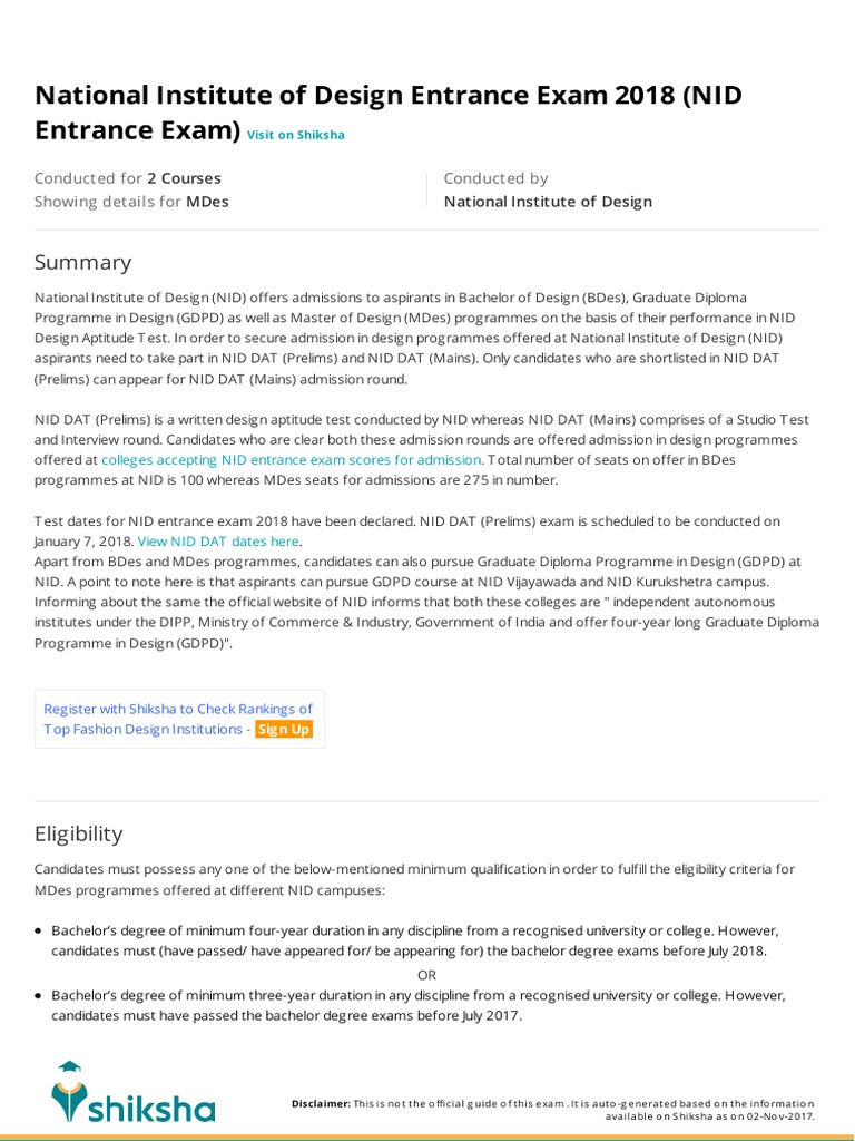 National Institute of Design Entrance Exam 2018 (NID Entrance Exam ...