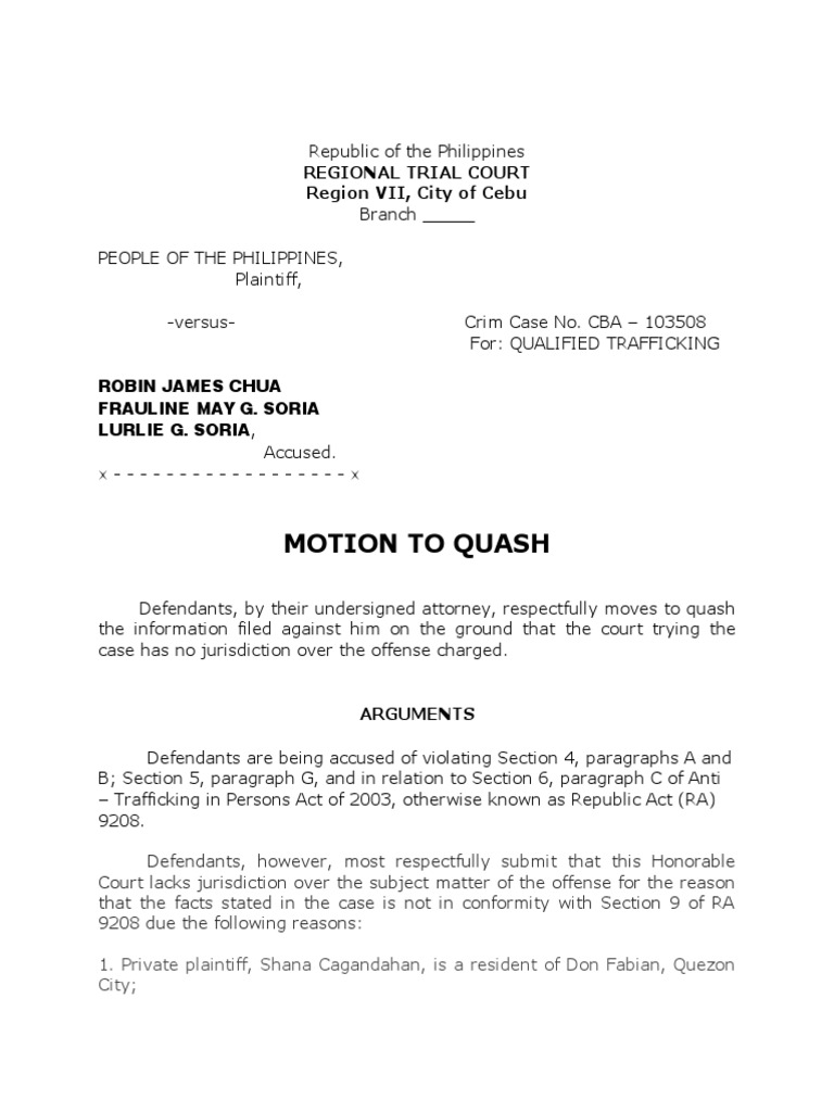 Motion to Quash Information in People vs. Robin James Chua, et al. on Ground of Lack of ...
