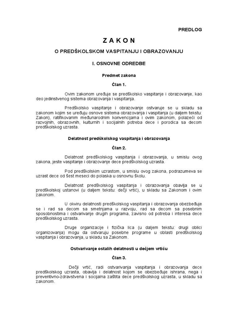 Zakon o Predskolskom Obrazovanju | PDF