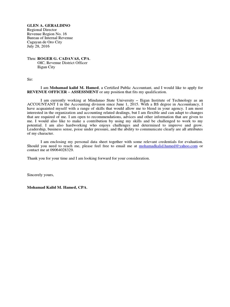 Application Letter BIR Iligan | PDF