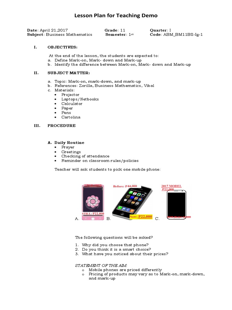 Lesson Plan in Business Mathematics | Lesson Plan | Prices