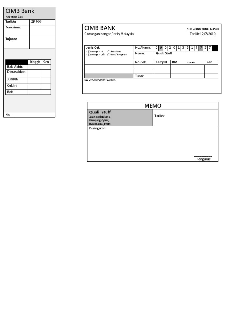 Keratan Cek, Slip Bank, Memo | PDF