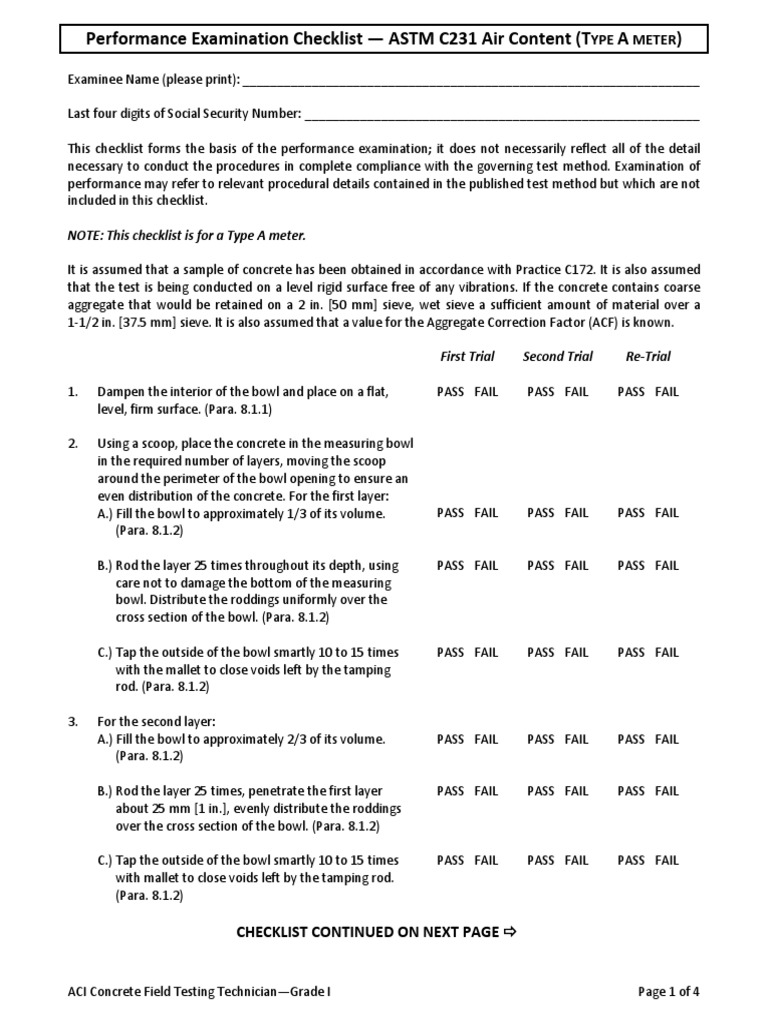 ASTM C231 Type A - Checklist | PDF | Concrete | Test (Assessment)