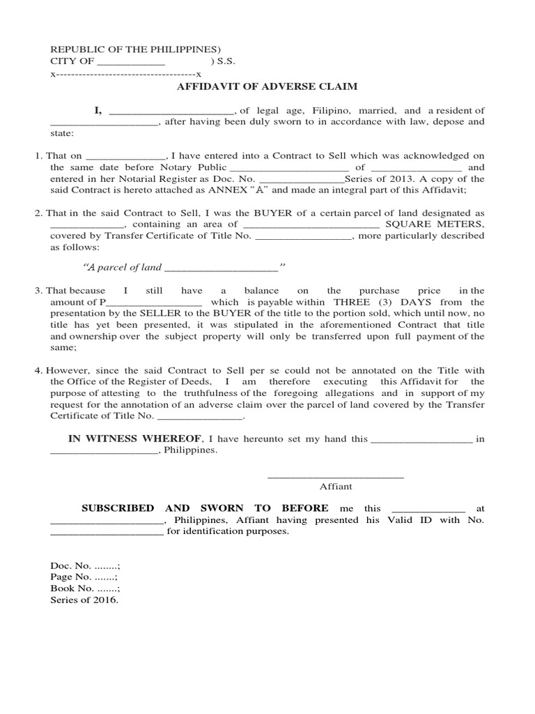 Affidavit of Adverse Claim | PDF | Affidavit | Civil Law (Common Law)