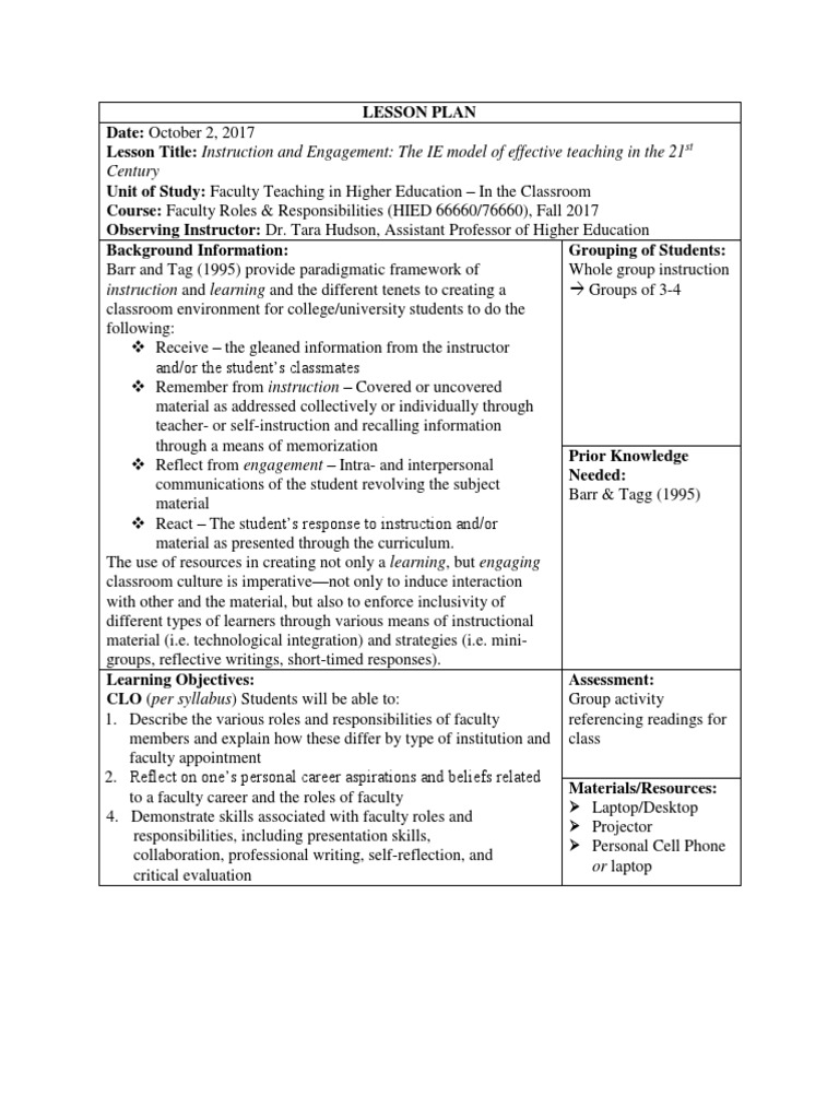 College Teaching Lesson Plan | PDF | Lesson Plan | Classroom