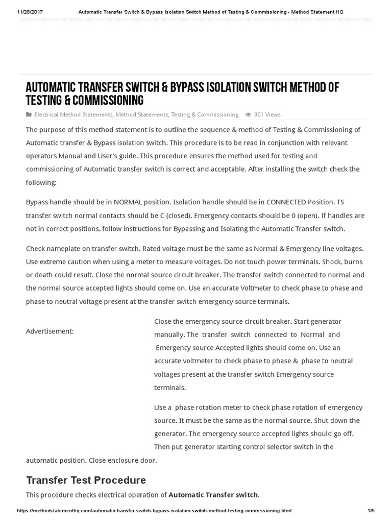 Ats Testing And Commissioning Method Statement Hq Pdf Relay Switch