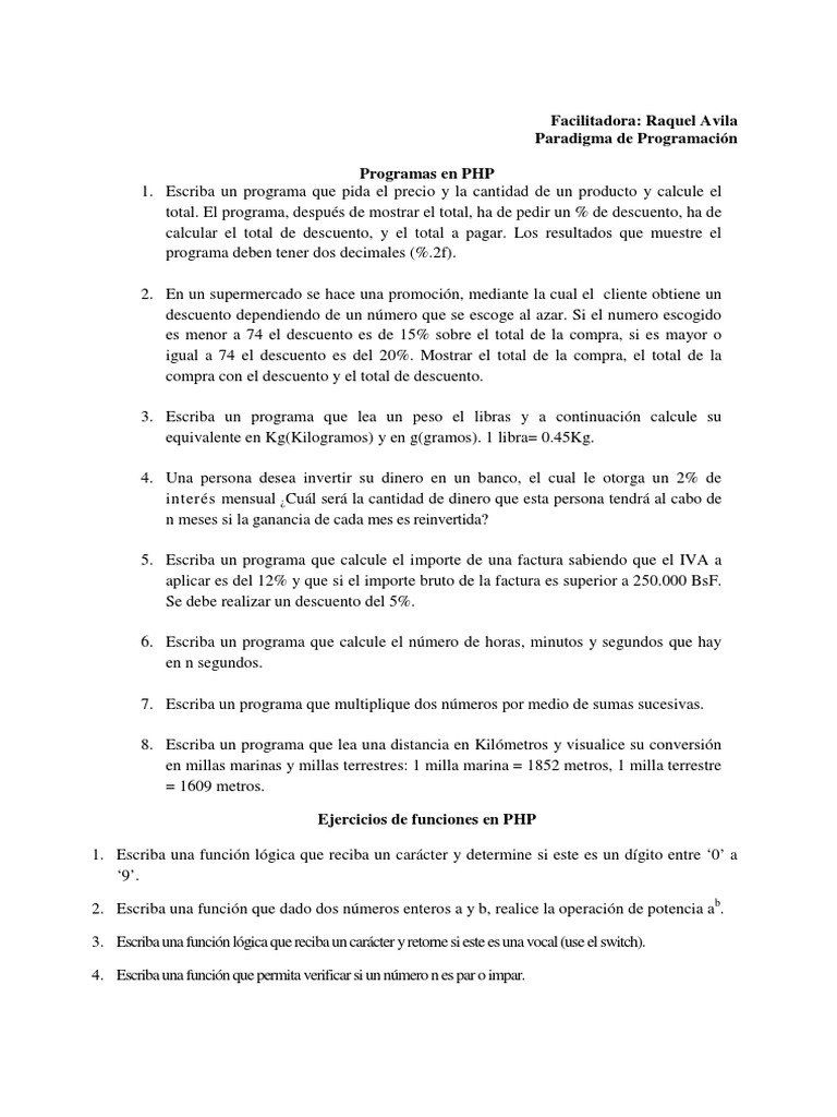 Ejercicios de Funciones y Programas Basicos PHP | PDF | Business | Enseñanza de matemática