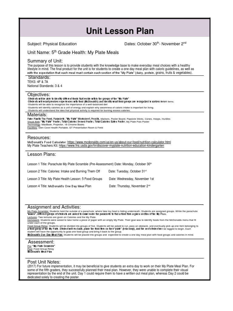 Unit Lesson Plan: Unit Name: 5 Grade Health: My Plate Meals Summary of ...