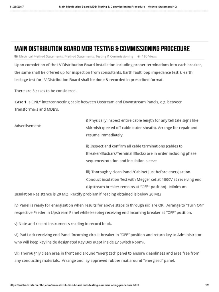 Mdb Testing And Commissioning Procedure Method Statement Hq Pdf