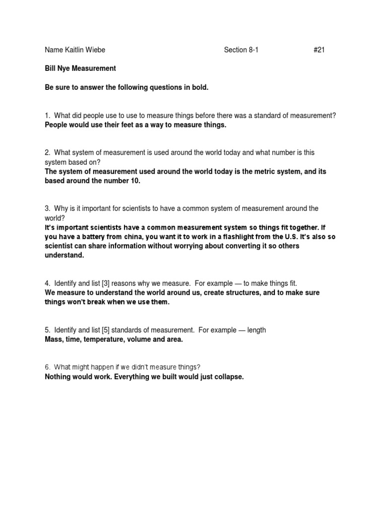 Hoja De Trabajo De Medición De Bill Nye