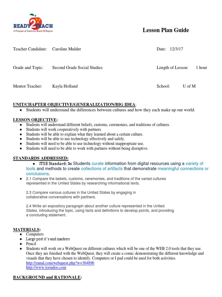 Lesson Plan Guide: Unit/Chapter Objective/Generalization/Big Idea | PDF ...