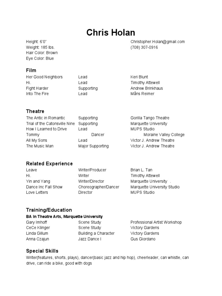 Chris Holan Acting Resume | PDF