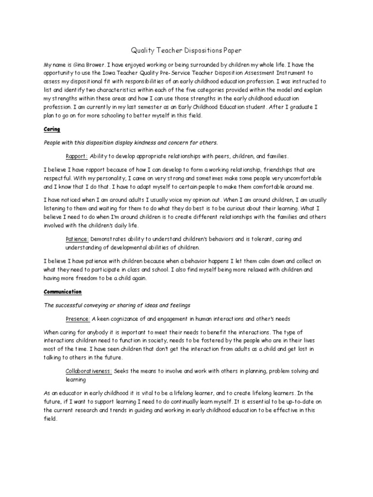 Quality Teacher Dispositions Paper | PDF | Early Childhood Education ...