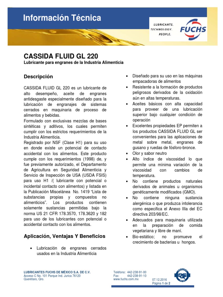 Cassida Fluid GL 220 | PDF | Lubricante | Alimentos