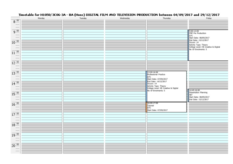 Timetable For H1050/3C06-3A - BA (Hons) DIGITAL FILM AND TELEVISION ...