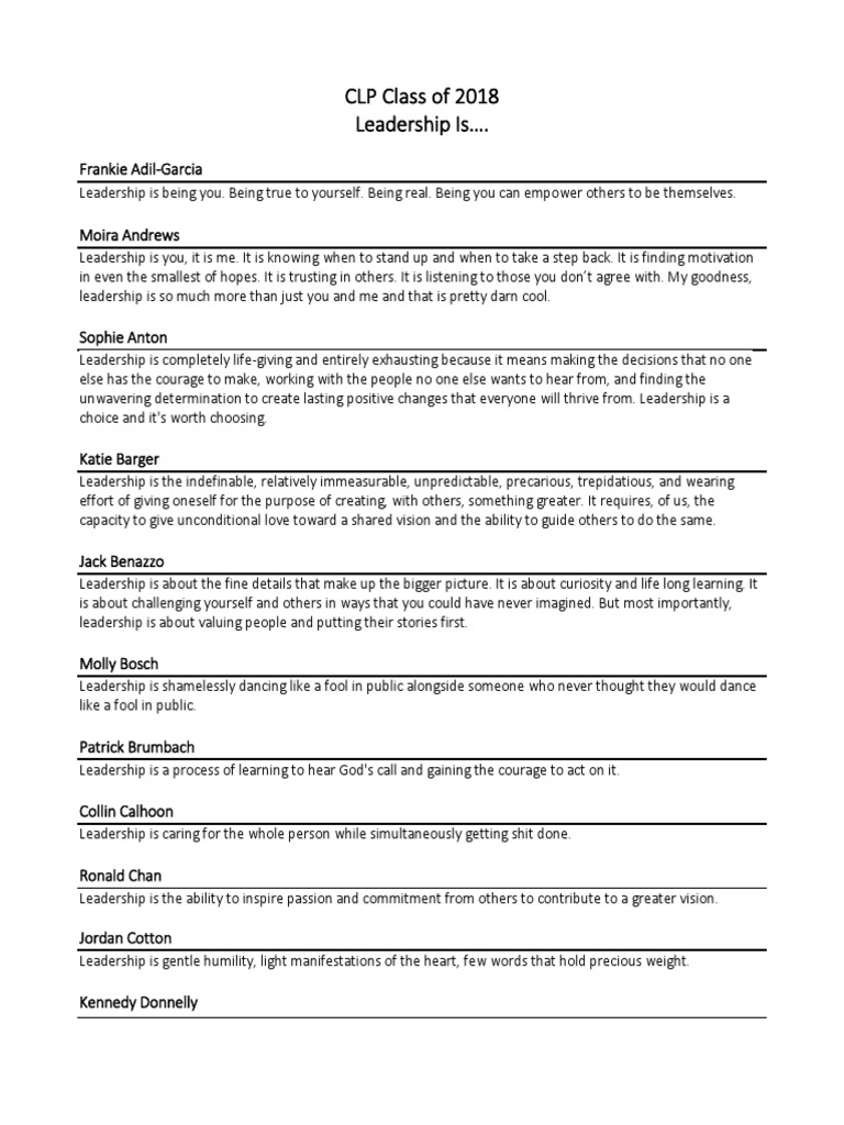 CLP Leadership Is Statements Class of 2018 | PDF | Social Psychology ...