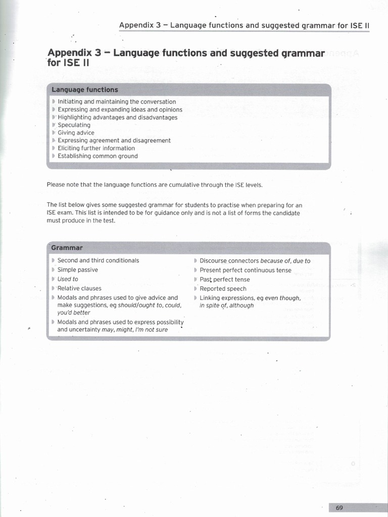 Language Functions and Suggested Grammar For ISE II | PDF