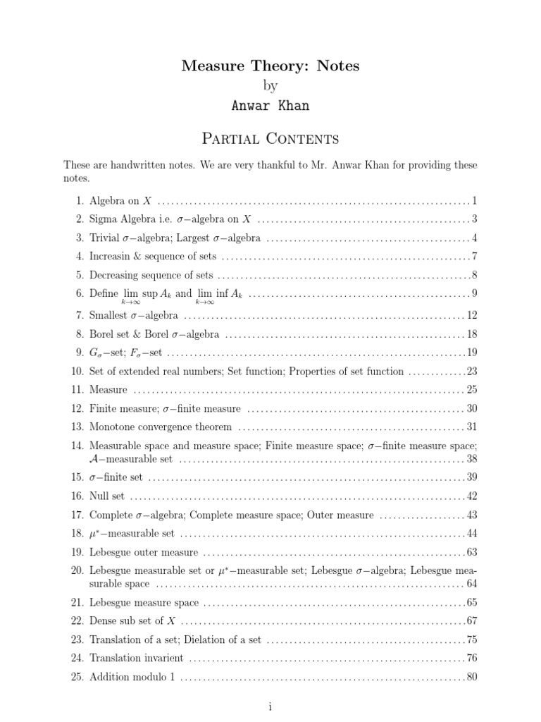 Measure Theory Notes Anwar Khan | PDF | Lebesgue Integration ...