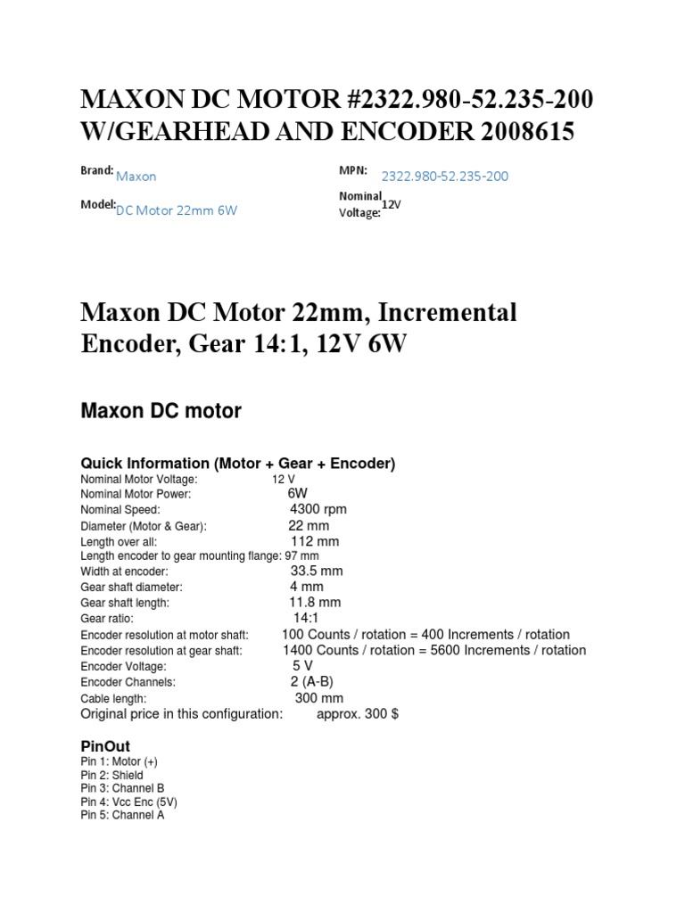 Specification Sheet for Maxon DC Motor #2322.980-52.235-200 with ...
