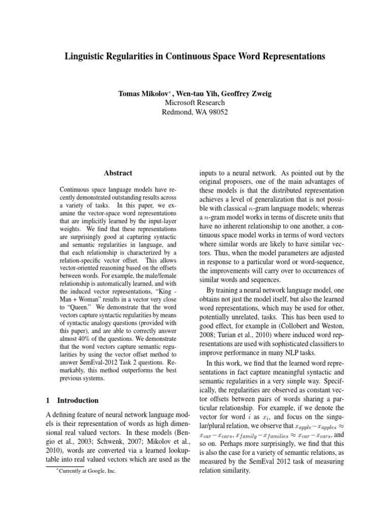 Linguistic Regularities in Continuous Space Word Representations | PDF | Artificial Neural ...