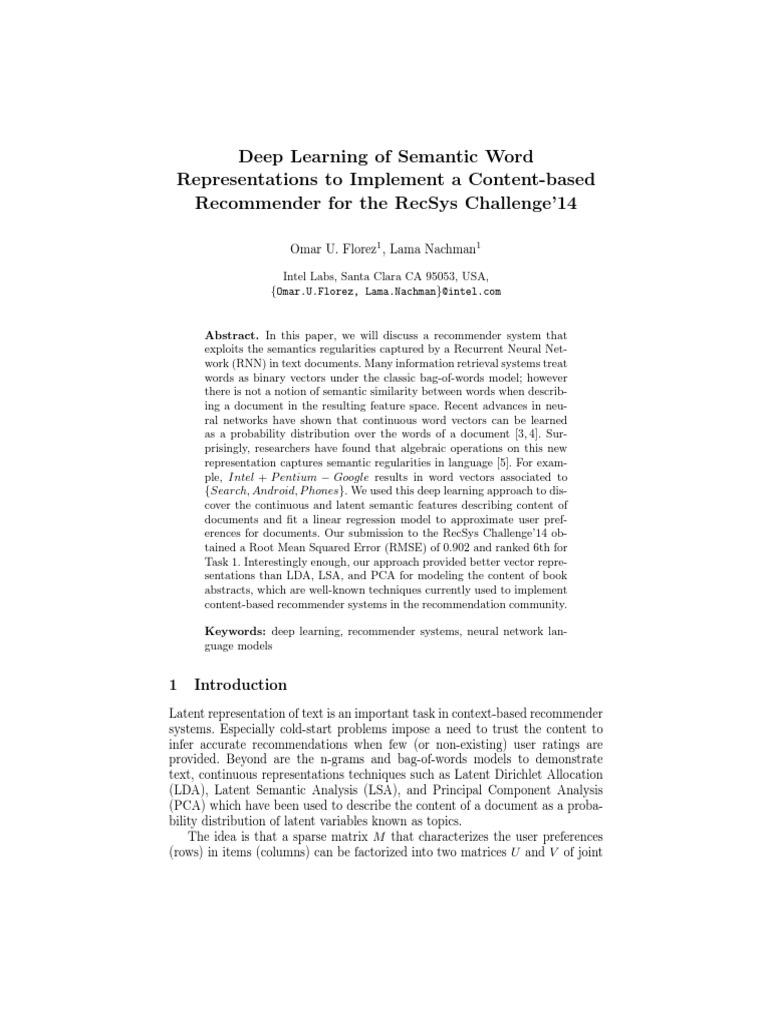 Deep Learning of Semantic Word Representations To Implement A Content-Based Recommender For The ...
