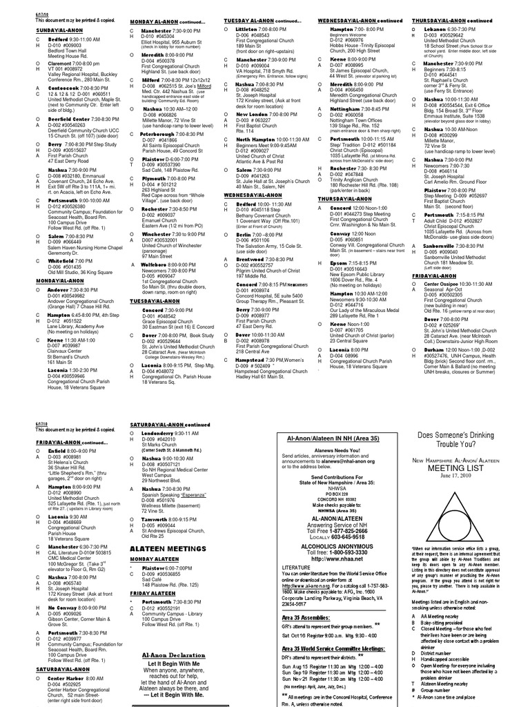 Al-Anon Meeting Schedule NH | PDF