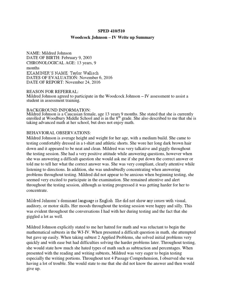 Woodcock Johnson IV Summary Write Up | PDF | Reading Comprehension ...