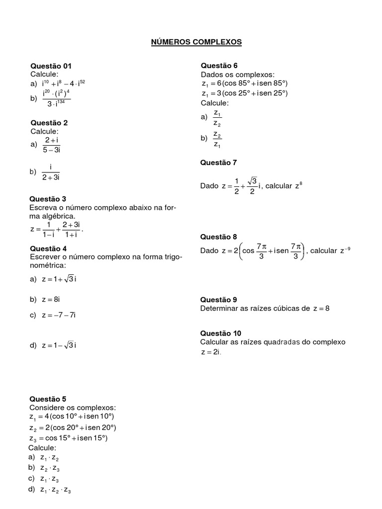 Lista Complexos | PDF | Número complexo | Raiz quadrada
