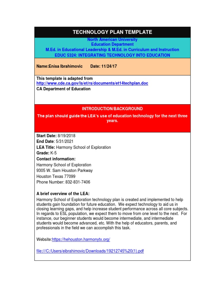 Educ 5324-Technology Plan Template-Enisa | PDF | Educational Assessment ...
