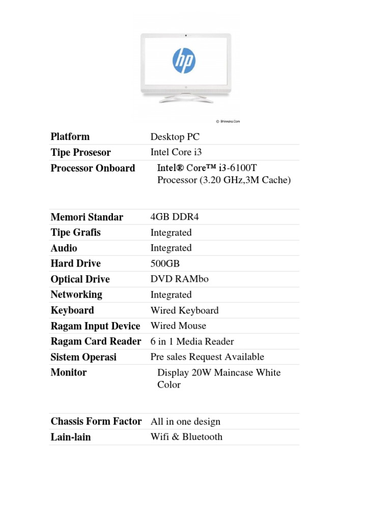 Desktop PC Intel Core I3 Intel® Core™ I3-6100T Processor (3.20 GHZ, 3M ...