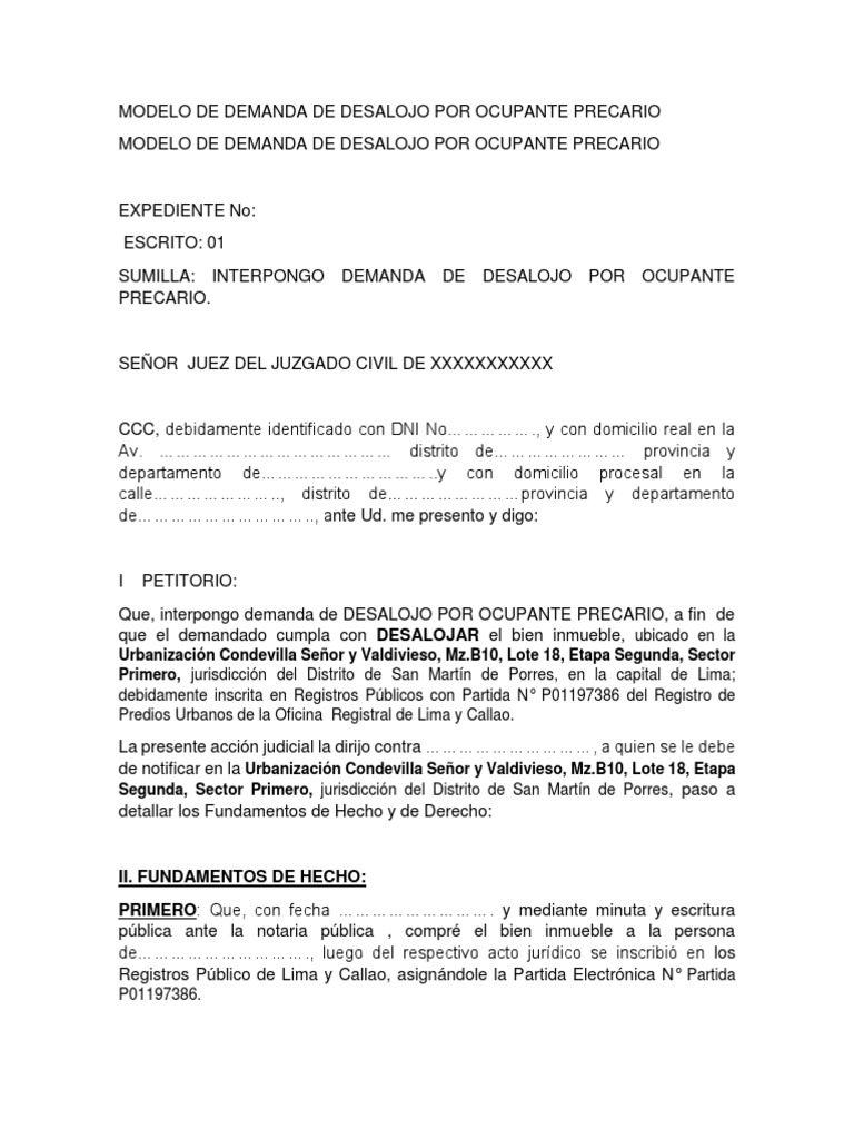 Modelo de Demanda de Desalojo Por Ocupante Precario | Demanda judicial ...