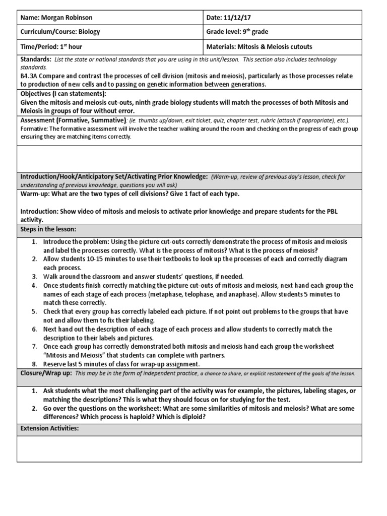 PBL Lesson Plan | PDF | Meiosis | Mitosis