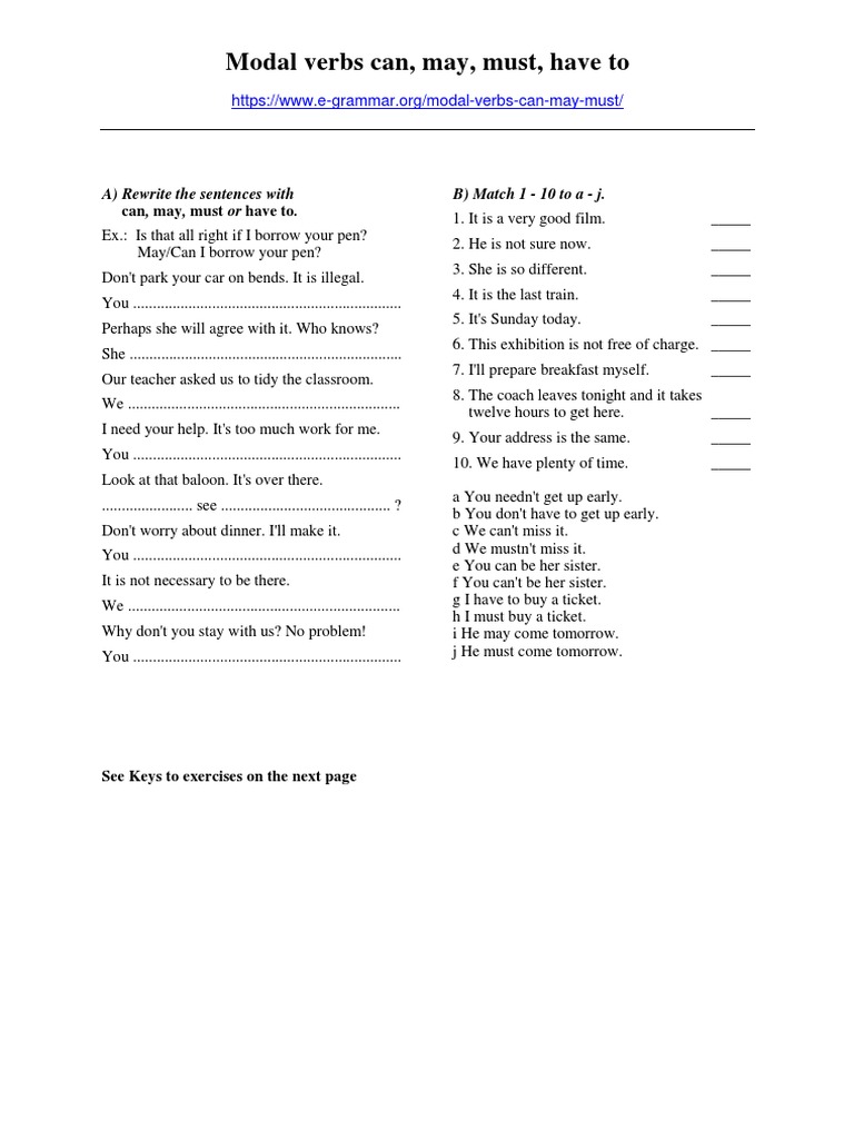 Modal Verbs Can May Must Worksheet | Languages | Language Arts & Discipline
