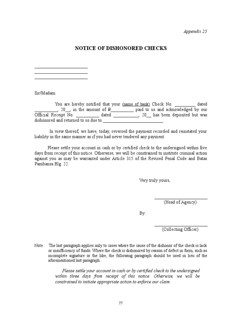 Appendix 25 - Notice of Dishonored Checks | PDF