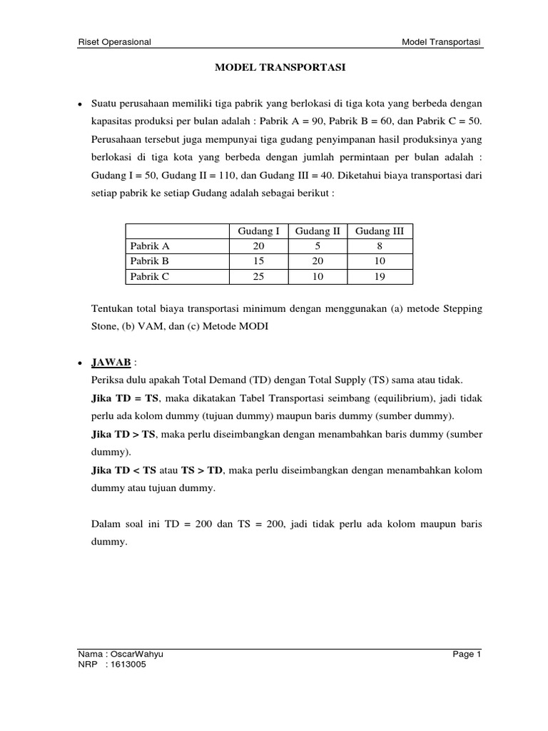 Model Transportasi dan Biaya Minimum | PDF