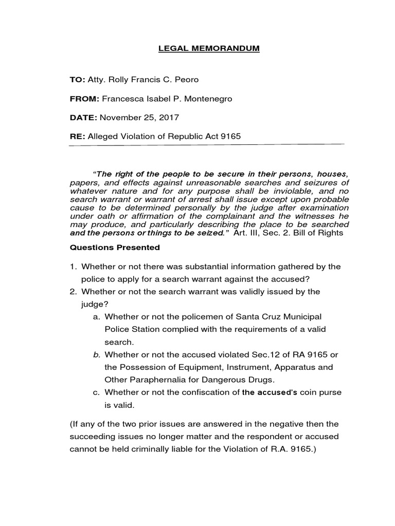 Final Legal Memo | Search And Seizure | Search Warrant