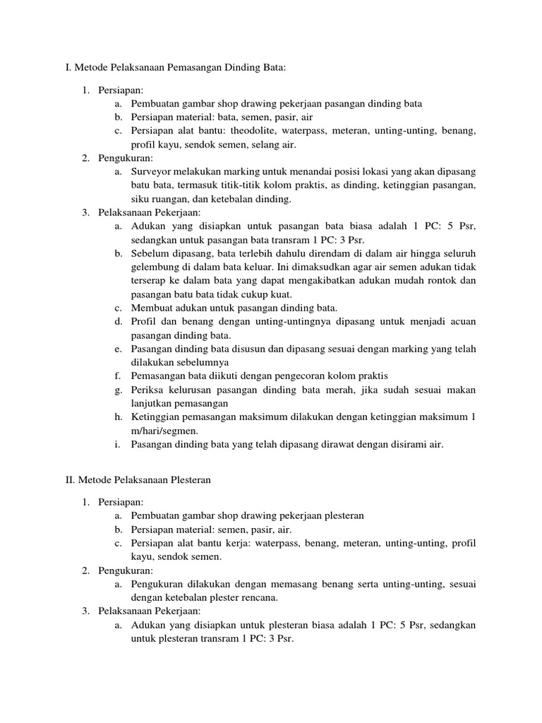 Metode Pelaksanaan Pekerjaan Bata, Plesteran, Keramik | PDF