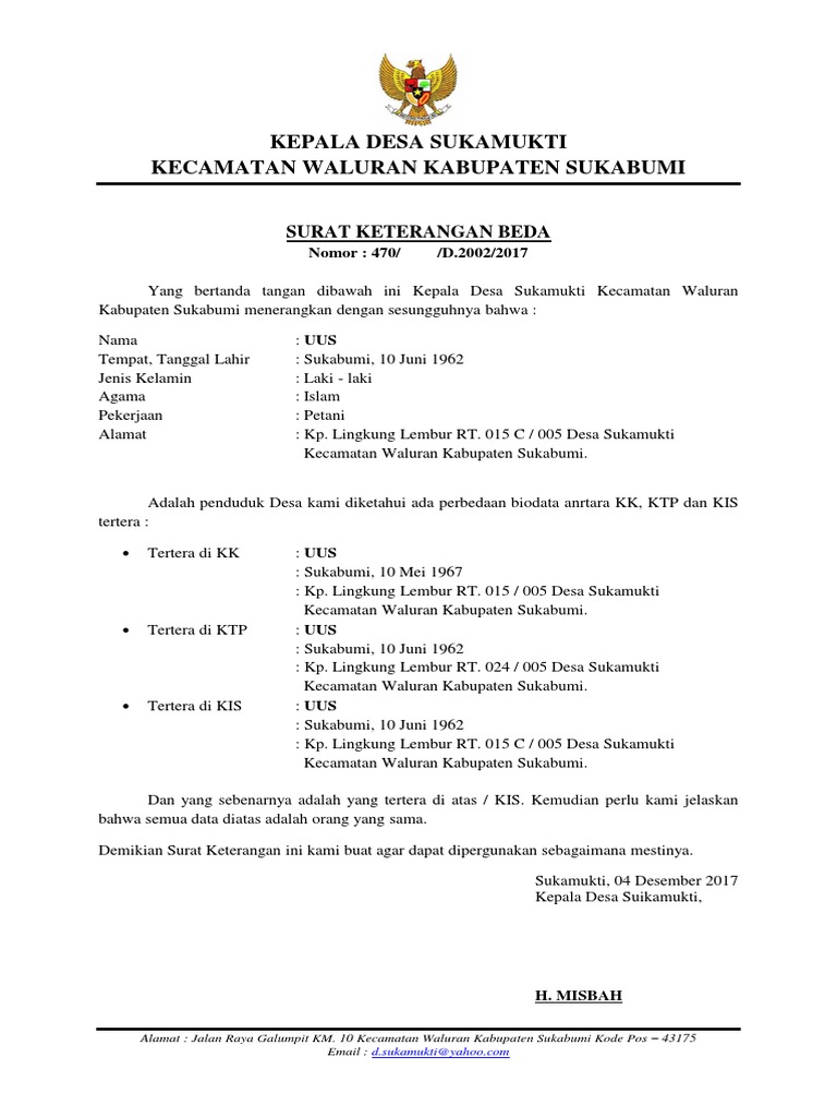 Surat Keterangan Beda Data Sukabumi | PDF