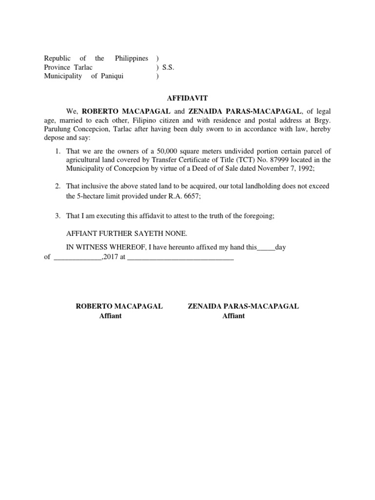 Affidavit 5 Hectare Limit | PDF