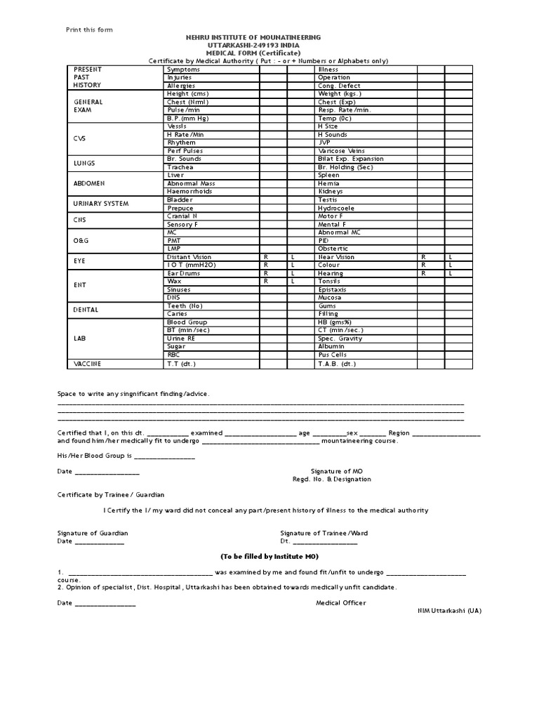 Medical Form For Nim | PDF | Animal Anatomy | Human Anatomy