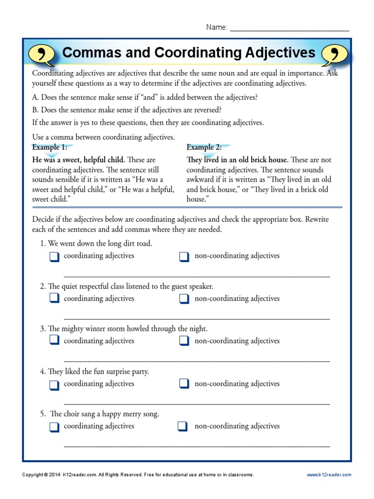 Commas and Coordinating Adjectives Bell Ringer | PDF | Adjective | Comma