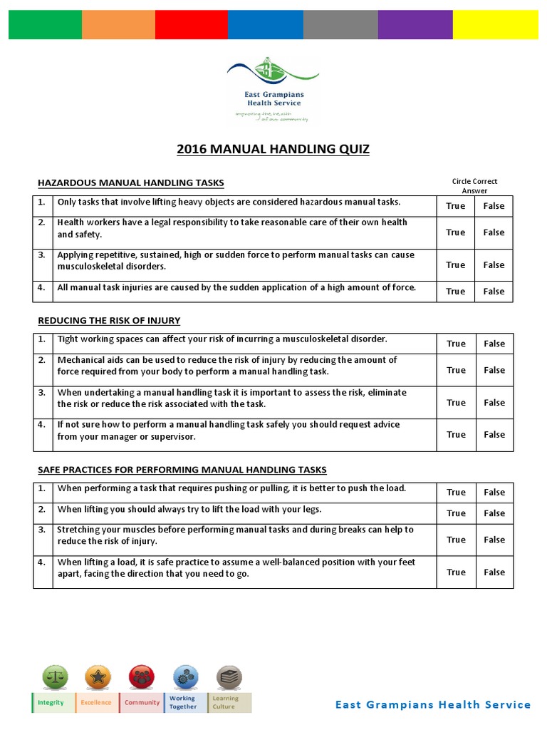 Manual Handling Quiz 2016 | PDF