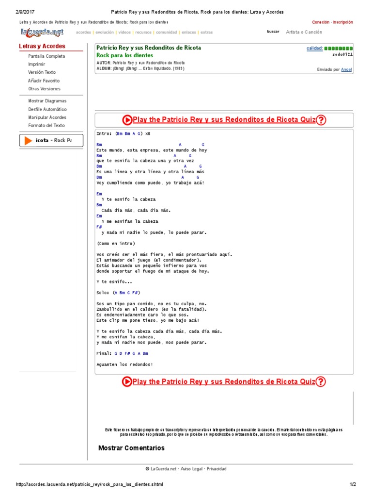 Patricio Rey y Sus Redonditos de Ricota, Rock para Los Dientes - Letra ...